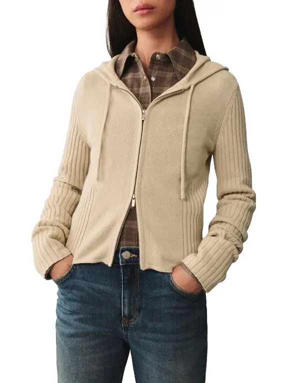 Mango Ribbed Zip-up Hoodie - Ecru