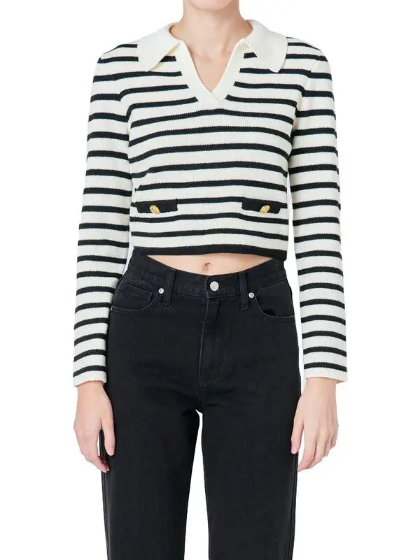 Endless Rose Stripe Collared Sweater - Ivory/ Black