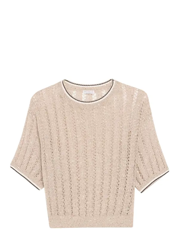 Brunello Cucinelli Micro Sequined Linen Sweater - Cool Beige Charcoal