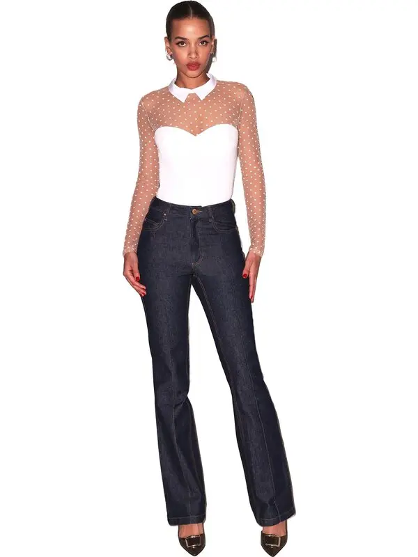 FLEUR DU MAL Collared Bodysuit With Dotted Tulle - Ivory