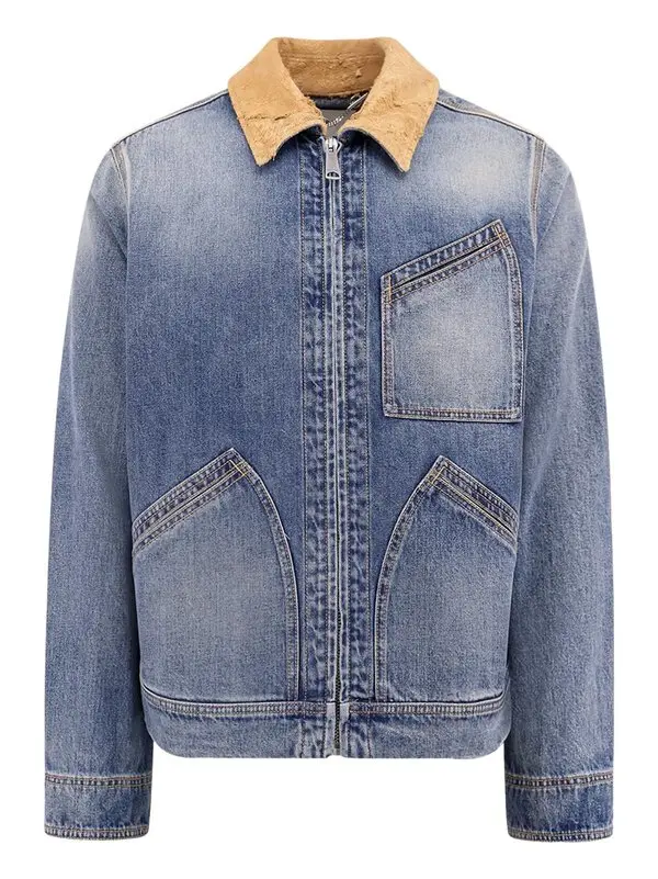 Alexander McQueen Washed Denim Jacket With Suede Collar - Blue