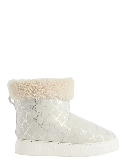 Gucci Metallic Brand-monogram Shearling-trim Suede Boots - Glam Silver Off White