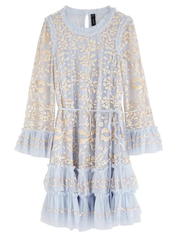 NEEDLE & THREAD Celia Sequin-embellished Ruffled Tulle Mini Dress - Blue