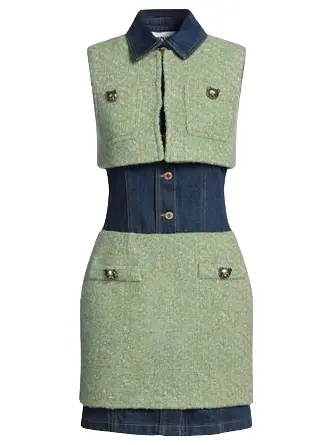Moschino Tweed And Denim Mini Dress - Green