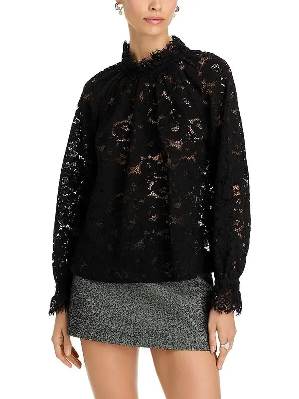 Aqua Lace Long Sleeve Mockneck Top - Black