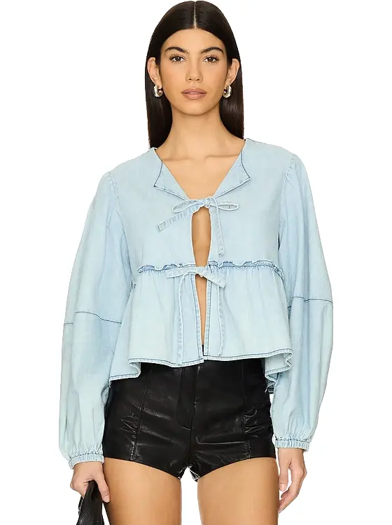 Free People Denim Brunch Babe Blouse - Light Tint Wash