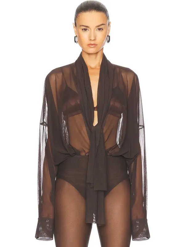 Norma Kamali Super Oversized Boyfriend Shirt Bow Bodysuit - Espresso