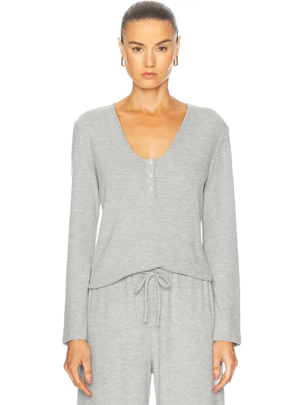 LESET Lauren V Neck Henley Top - Grey Melange