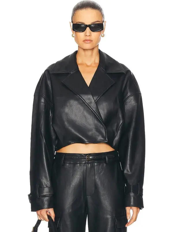 SEROYA Koda Faux Leather Cropped Trench - Black