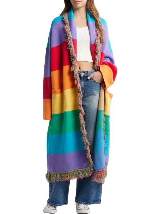 DRESSED IN LALA Luxe Fringe Blanket Cardigan - Rainbow