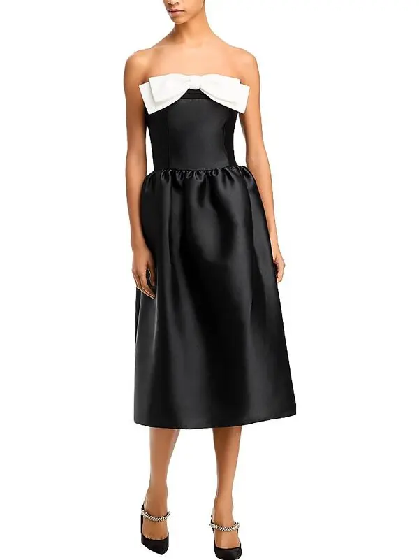 SELF-PORTRAIT Taffeta Contrast Bow Midi Dress - Black