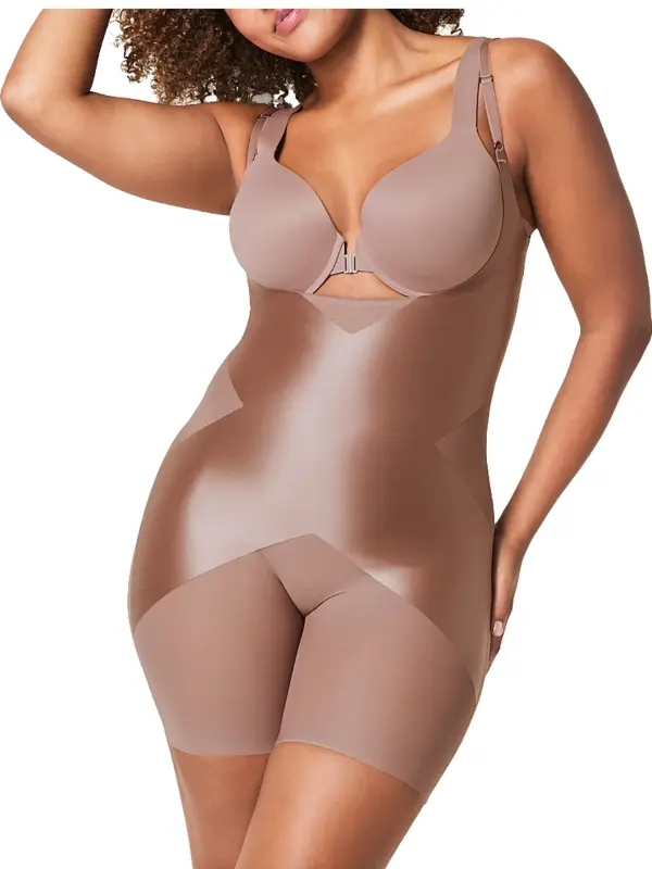 Spanx Open Bust Mid Thigh Bodysuit - Cafe Au Lait