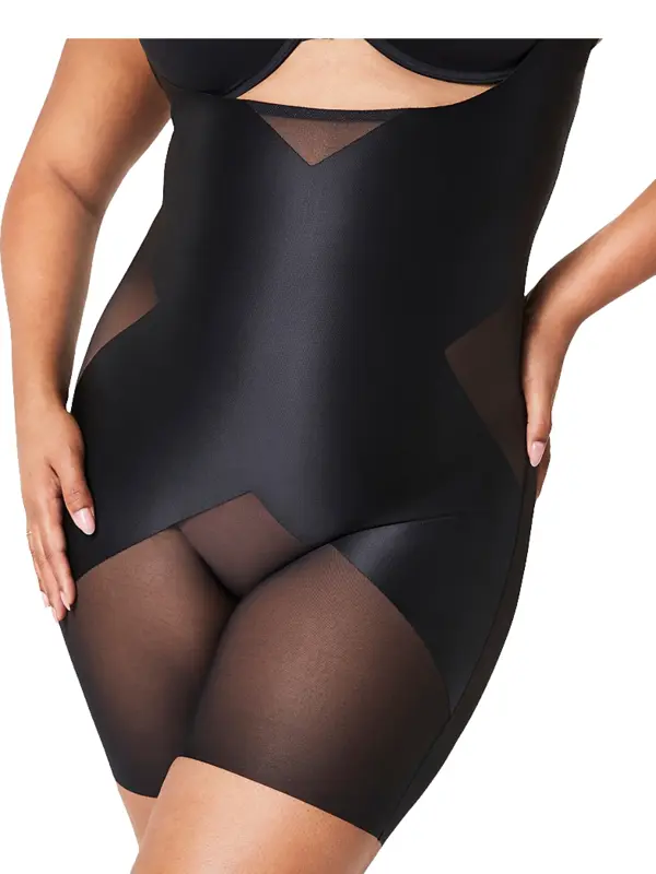 Spanx Open Bust Mid Thigh Bodysuit - Very Black
