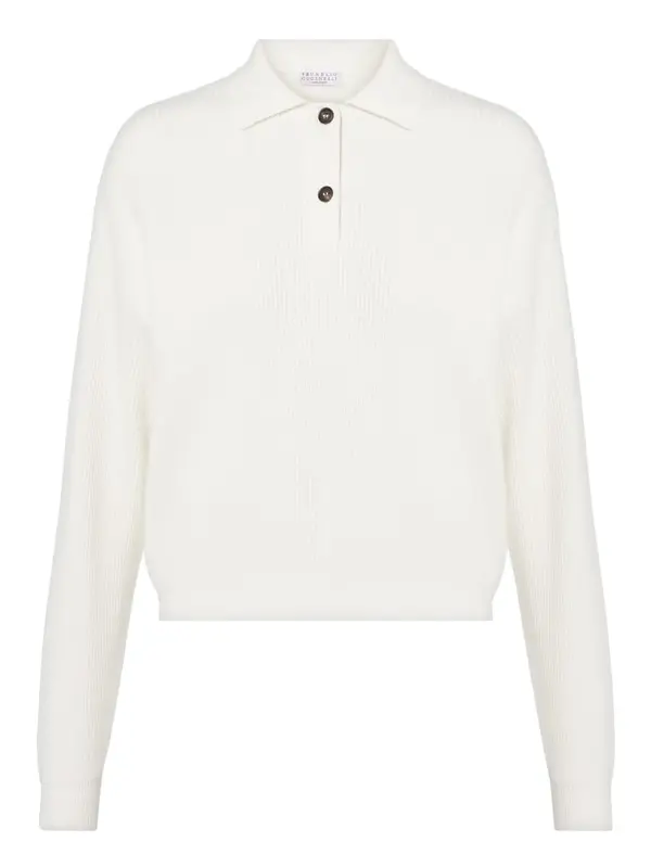 Brunello Cucinelli Ribbed-knit Cotton Polo Sweater - White