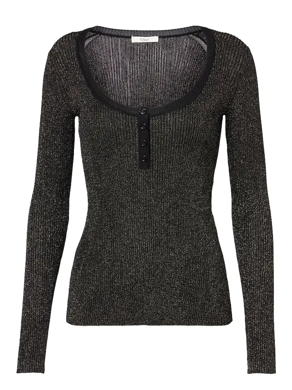 Chloé Ribbed-knit Lurex® Henley Shirt - Black