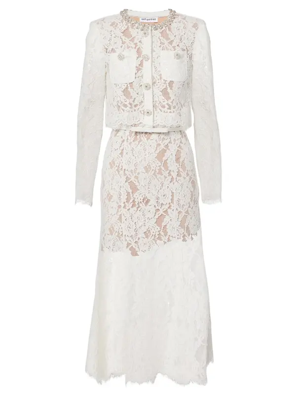 SELF-PORTRAIT Embellished Lace Midi Dress - White