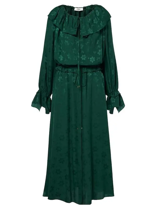 Chloé Ruffled Floral Silk Jacquard Midi Dress - Green