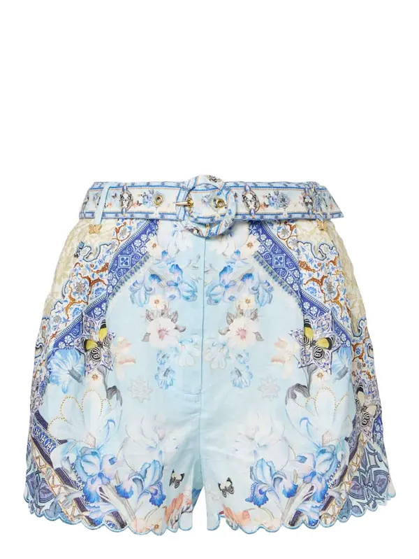 Camilla Belted Floral Linen Shorts - Blue
