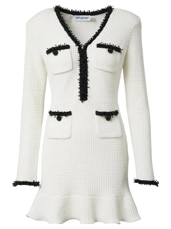 SELF-PORTRAIT Beaded Waffle-knit Minidress - White