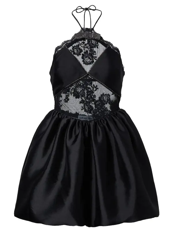 SELF-PORTRAIT Lace-trimmed Taffeta Minidress - Black