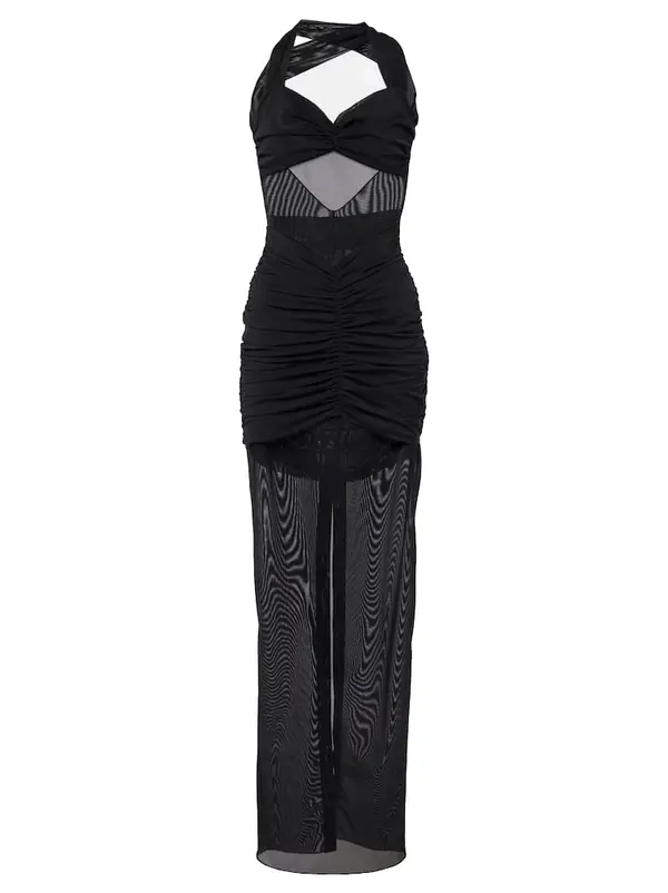 Alessandra Rich Ruched Sheer Mesh Maxi Dress - Black