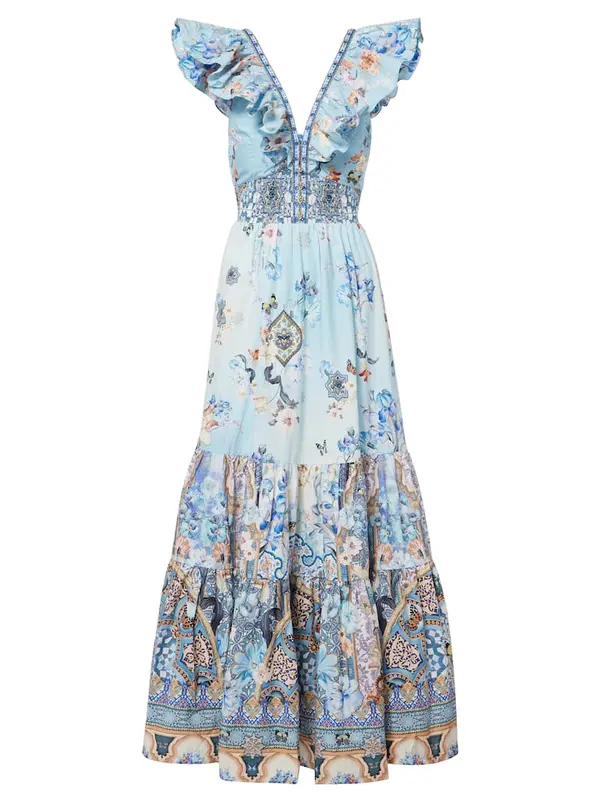 Camilla Shirred Floral Cotton Maxi Dress - Blue