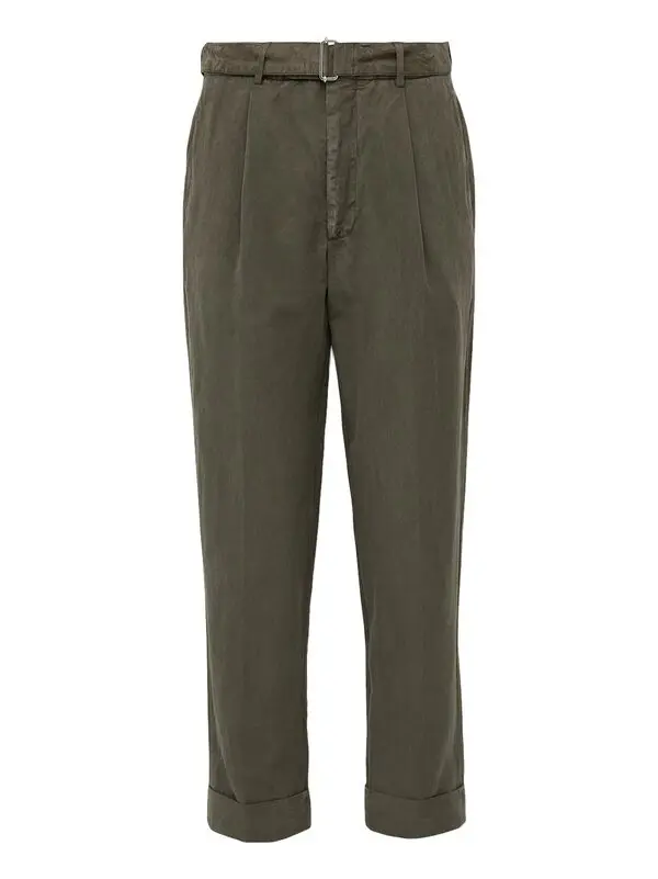 Officine Générale Hugo Straight-leg Belted Pleated Garment-dyed Lyocell, Linen And Cotton-blend Trousers - Green