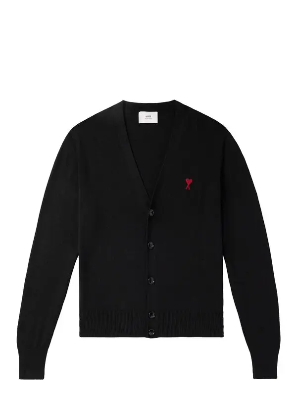 Ami Slim-fit Logo-embroidered Merino Wool Cardigan - Black
