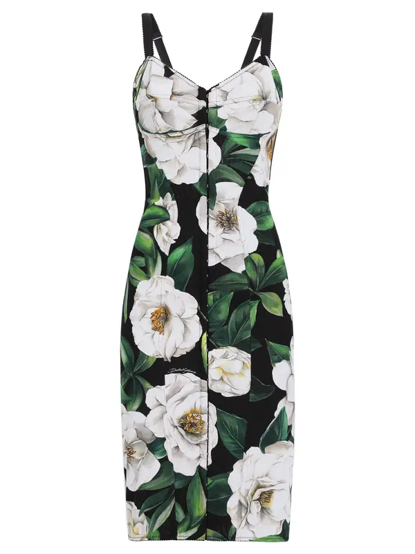 Dolce & Gabbana Stretch Marquisette Midi Dress With Gardenia - Print