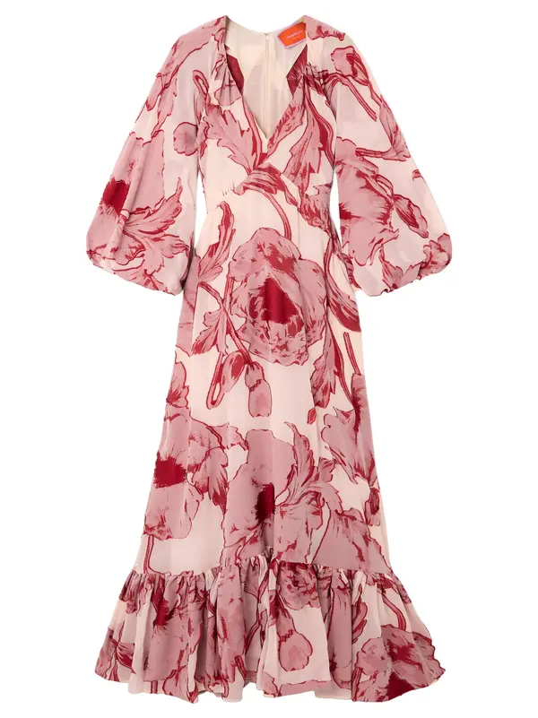 La DoubleJ Printed Silk-blend Chiffon Maxi Dress - Red