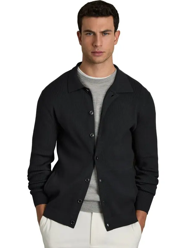 REISS Saint Fine-ribbed Button-through Cardigan - Navy