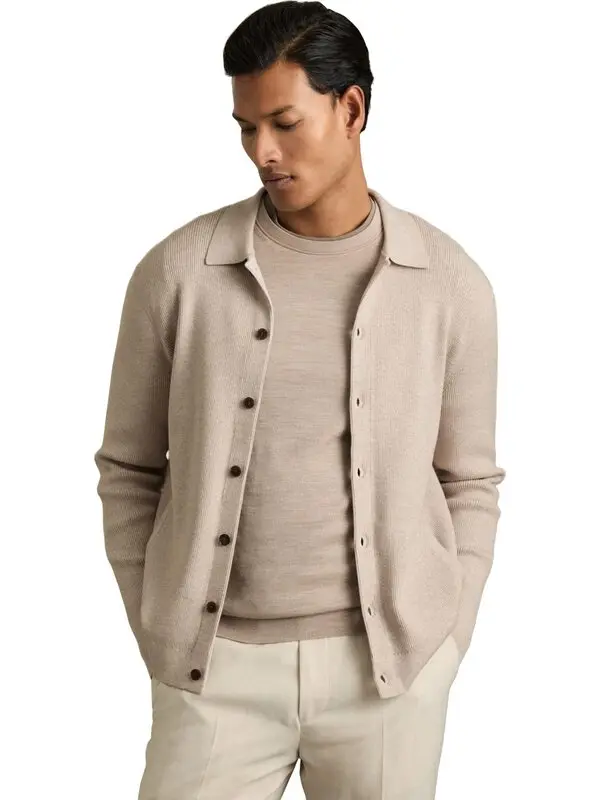 REISS Saint Fine-ribbed Button-through Cardigan - Oatmeal Melange