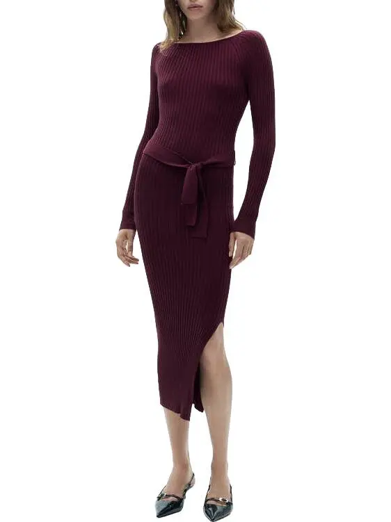 Mango Long Sleeve Rib Knit Midi Dress - Maroon