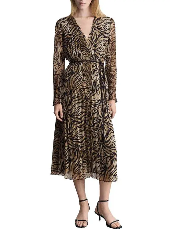 Mango Leopard Print Pleated Midi Dress - Brown