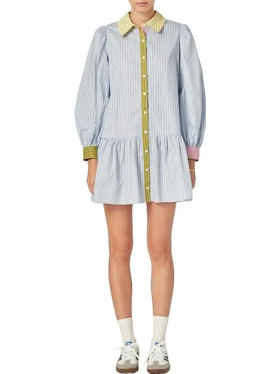 English Factory Colorblock Stripe Long Sleeve Shirtdress - Blue Multi