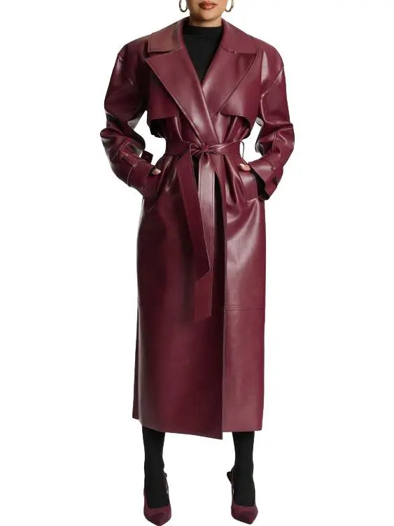 Naked Wardrobe Faux Leather Trench Coat - Burgundy