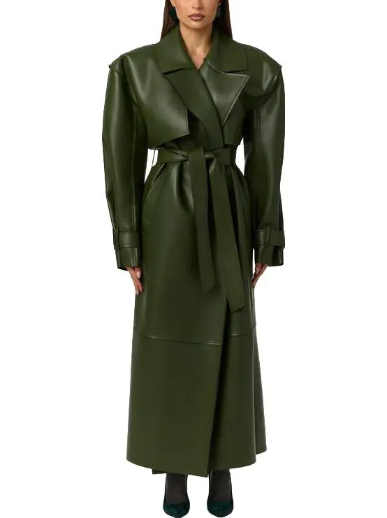 Naked Wardrobe Faux Leather Trench Coat - Dark Olive