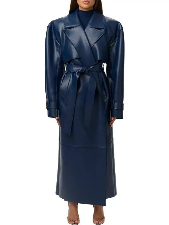 Naked Wardrobe Faux Leather Trench Coat - Navy Blue