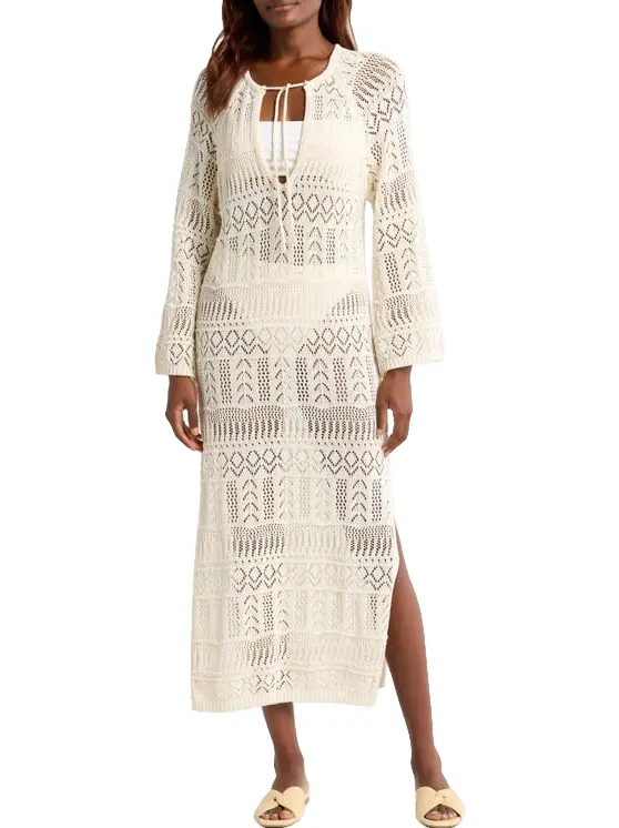 Elan Lace Knit Long Sleeve Cover-up Midi Dress - Natural