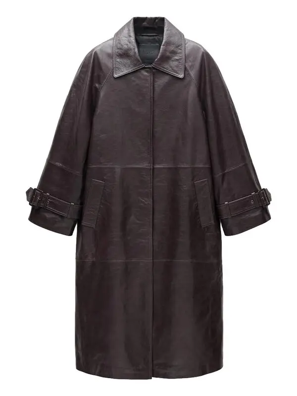 Mango Oversize Leather Overcoat - Wine