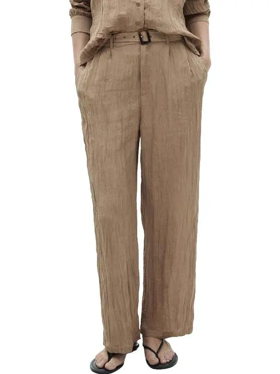 Mango Belted Textured Wide Leg Trousers - Brown