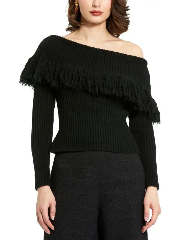 Mac Duggal Off-the-shoulder Fringe Knit Sweater - Black