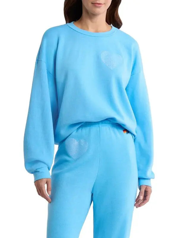 Aviator Nation Glitter Heart Crewneck Sweatshirt - Sky/ Blue