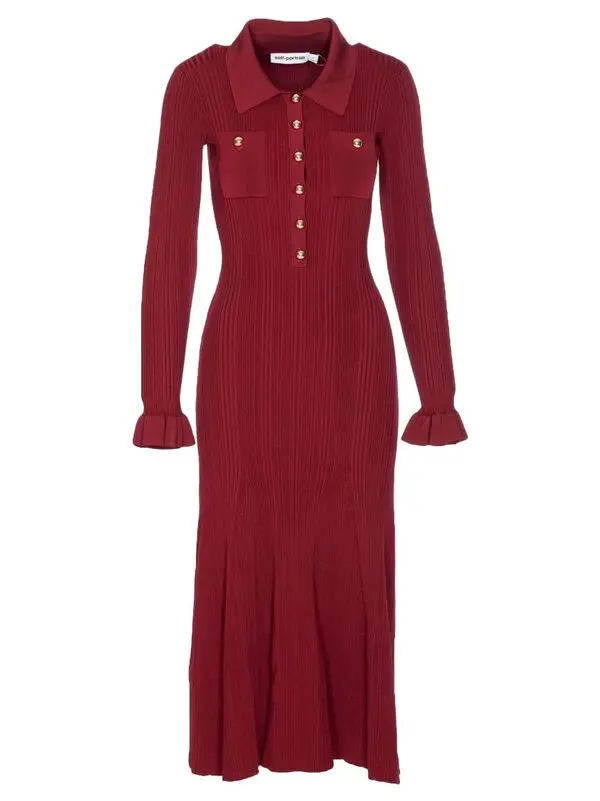 SELF-PORTRAIT Ribbed Midi Dress - Red