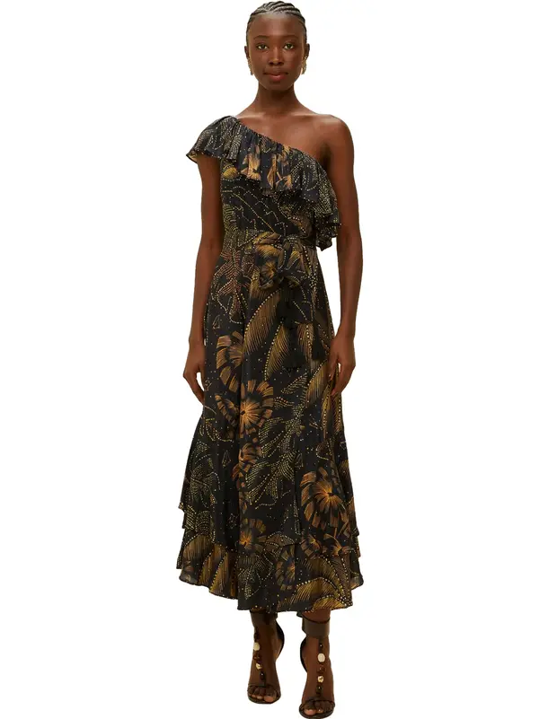 Farm Rio Golden Foliage One-shoulder Maxi Dress - Golden Foliage Black