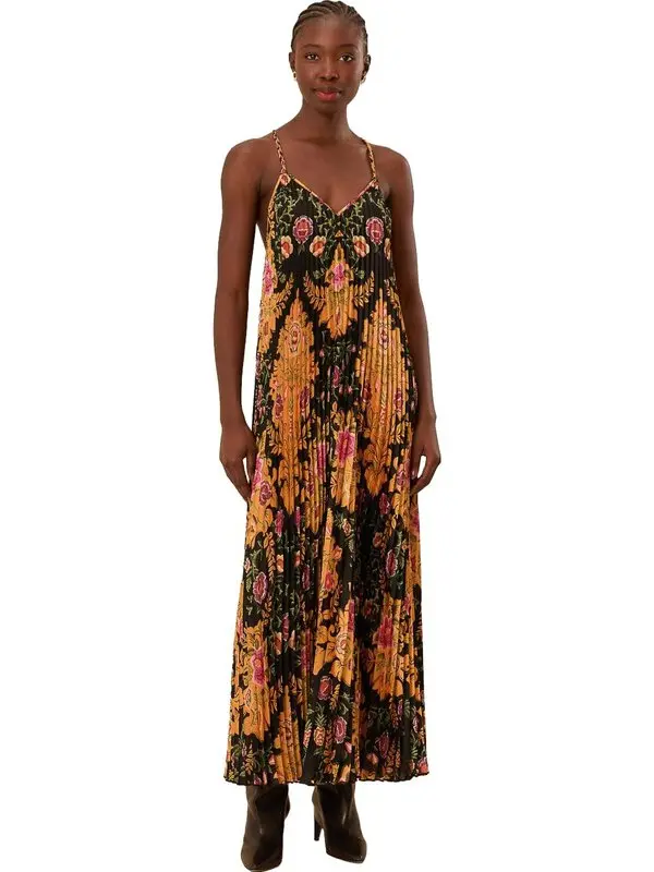 Farm Rio Floral Pleated Midi Dress - Arabesque Floral Black