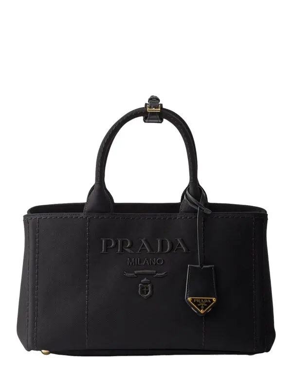 Prada Large Cotton Canvas Handbag With Embroidered Logo - Black