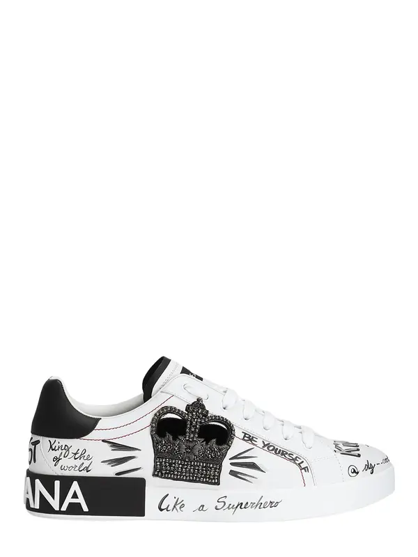 Dolce & Gabbana Portofino Printed Leather Sneakers With Patch - Bia/nero