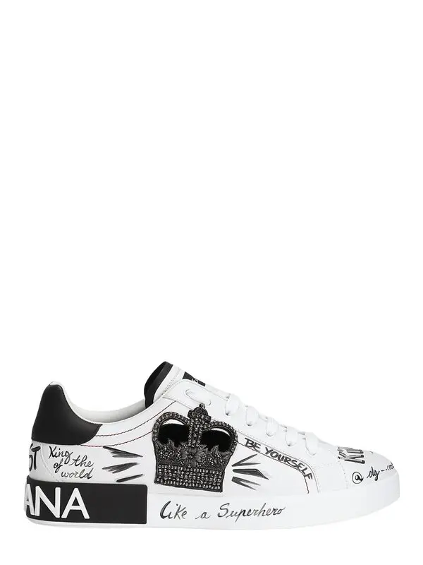 Dolce & Gabbana Portofino Printed Leather Sneakers With Patch - Whtblk