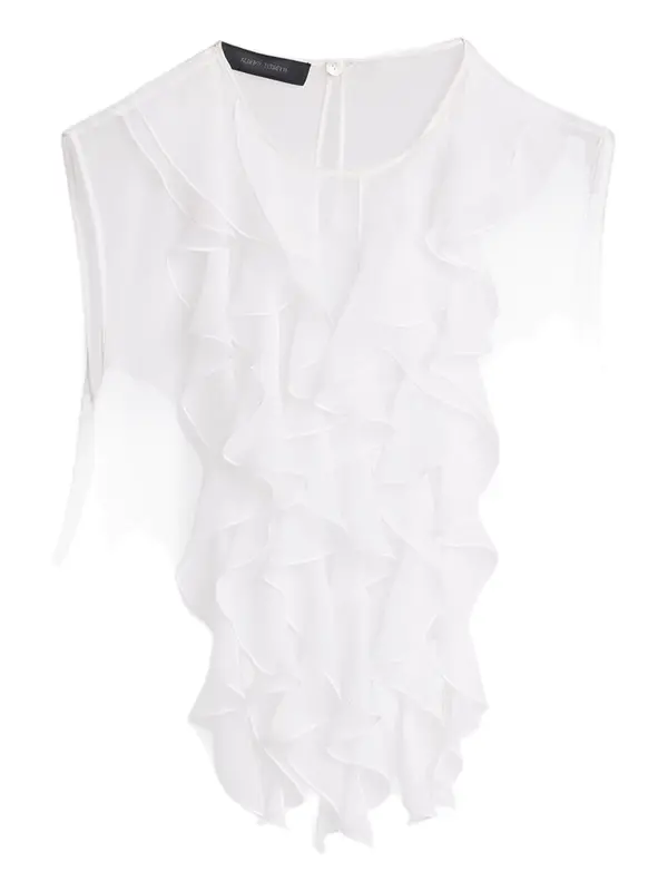 Alberta Ferretti Sleeveless Silk Blouse With Ruffle Bib - White